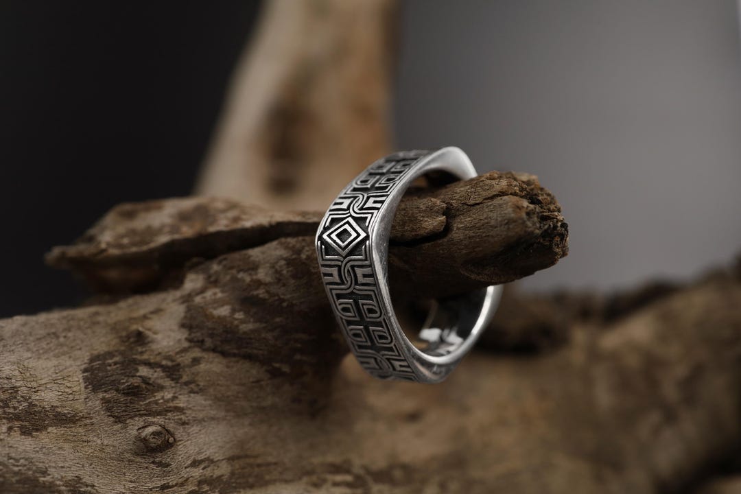 Sterling Silver Tribal Pattern Ring for Men, Geometric Band Ring, Unique Engraved Wedding Band ...