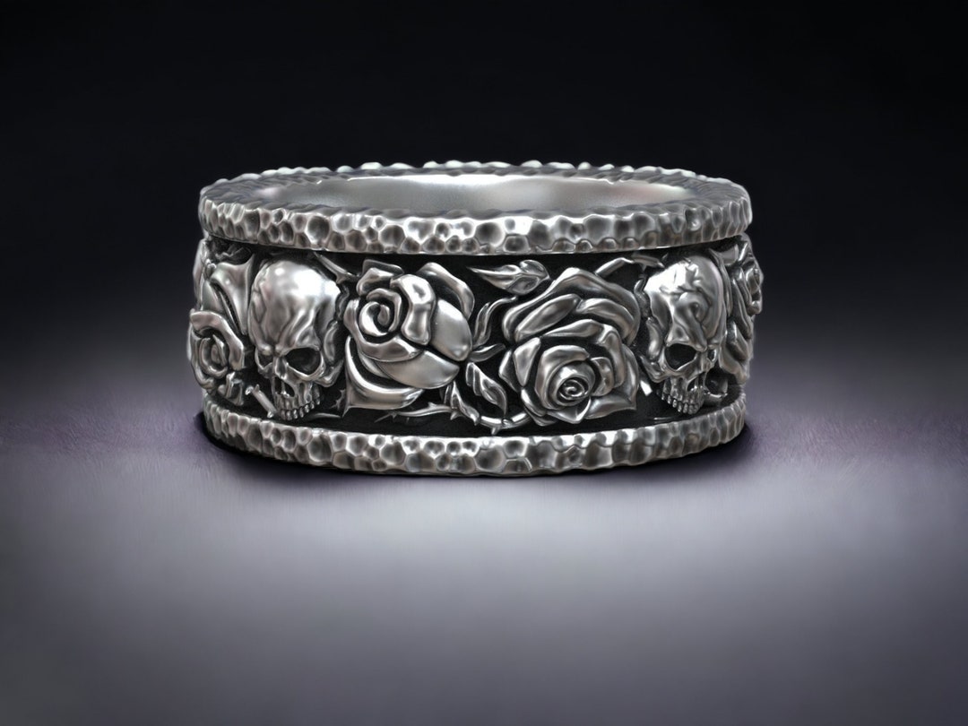 Skull Roses Band Ring, Men Silver Band Ring, Unique Band Ring for Men ...