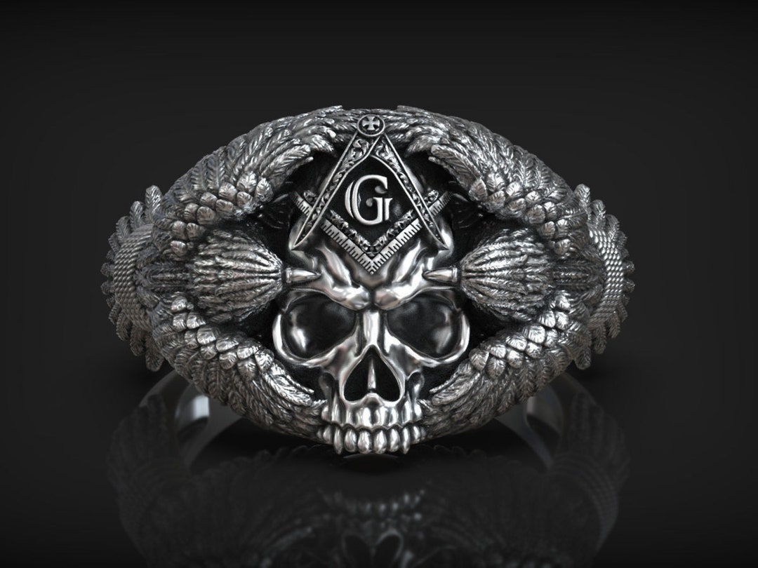 Masonic Symbol Crows Ring: Silver Gothic Skull Ring, Crows Signet Ring ...