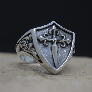 Sterling Silver Sword Signet Ring, Sword Shield Ring, Medieval Sword ...