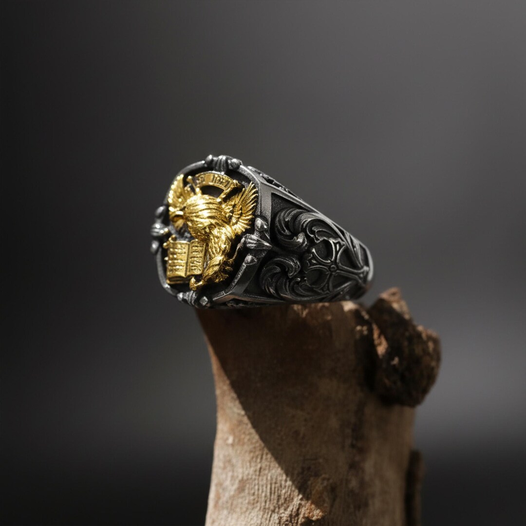 Black Rhodium Saint John Eagle Ring: Apostle Signet Ring for Men ...