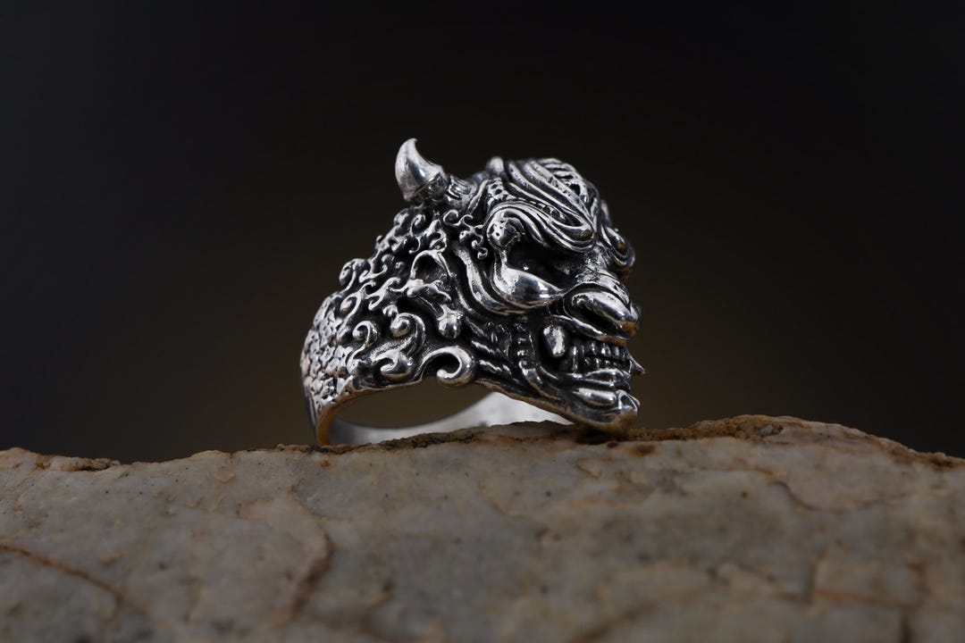 Silver Hannya Mask Ring, Gothic Demon Ring for Men, Japanese Oni Mask ...