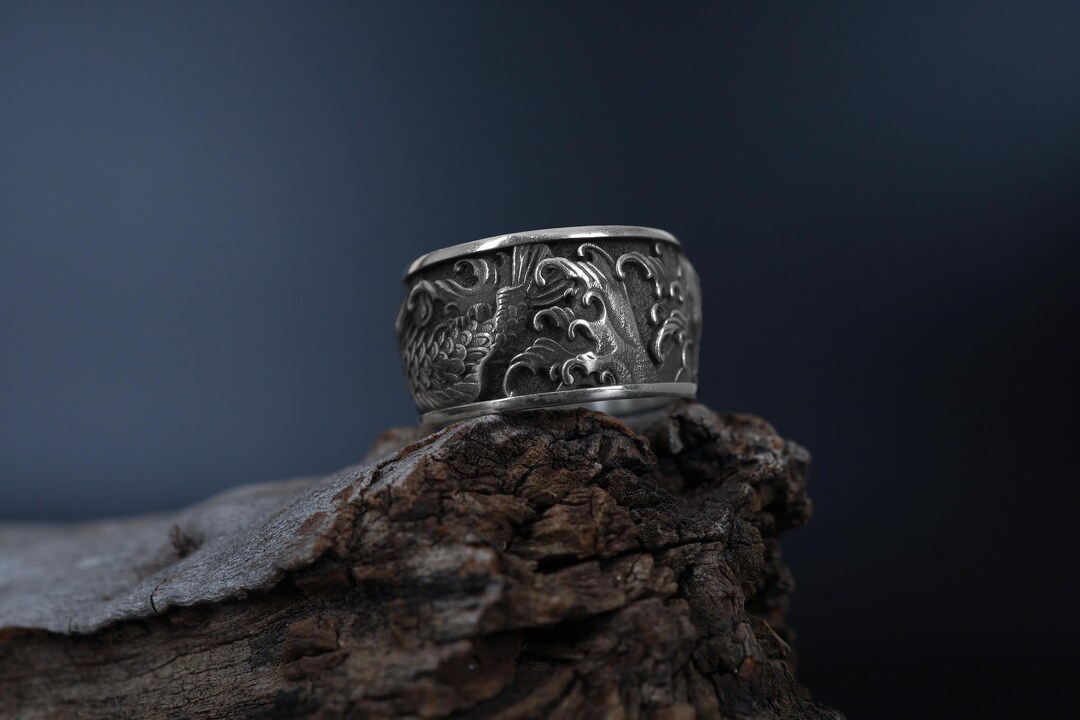 Koi Carp Fish Ring, Japan Ornament Carp Ring, Carp Fish With Waves Band ...