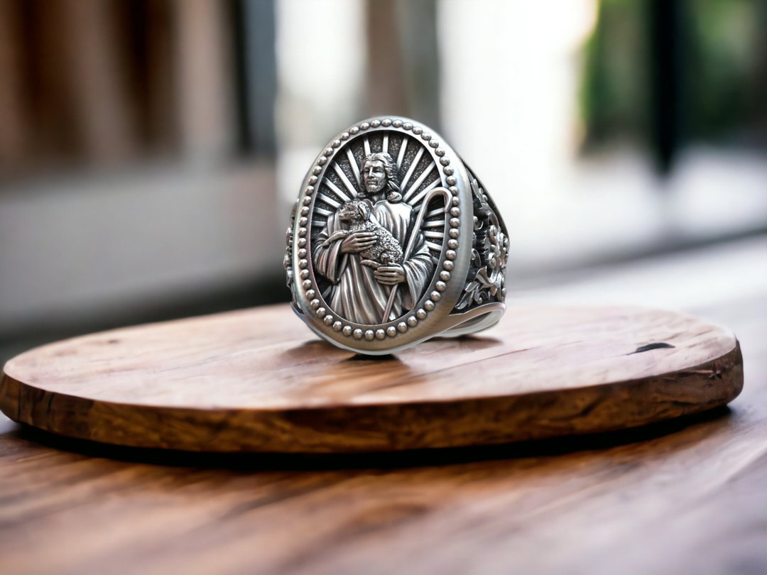 Jesus With Lamb Ring, Silver Signet Jesus Ring, Shepherd Jesus With ...