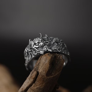 Silver Japanese Hannya Ring, Oni Mask Wide Band Ring, Demon Engraved ...