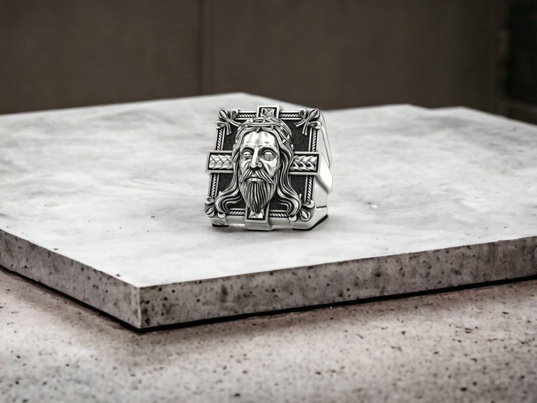 Signet Jesus Ring, Religious Ring, Catholic Ring, Silver Square Signet ...