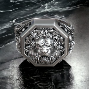 Victorian Lion Signet Ring, Silver Men Leo Ring, Astrology Ring, Floral ...