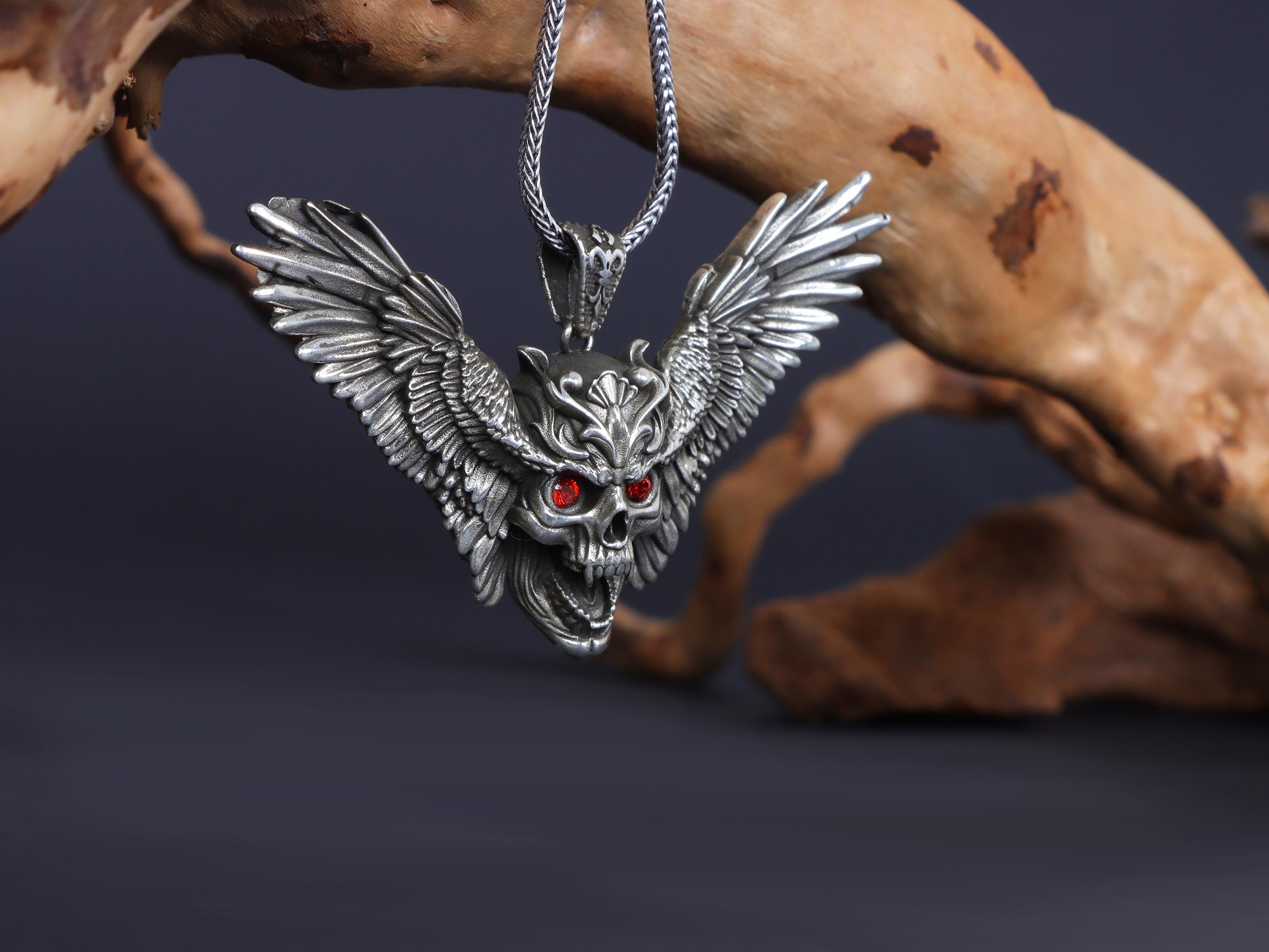 Rhodium Plated Skull With Wings Necklace, Winged Skull Charm, Scary ...