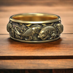 Carp Koi Fish Ring, Gold Plated Ring, Handmade Men's Band Ring, Wedding ...