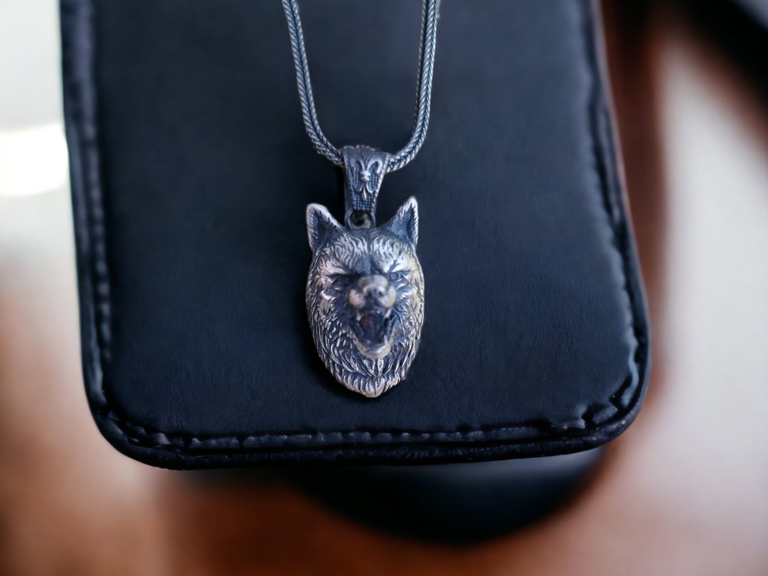 Angry Wolf Necklace for Men, Sterling Silver 3D Wild Animal Necklace ...