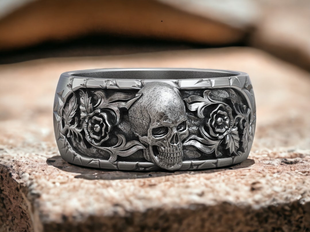 Floral Skull Band Ring, Skull and Roses Wedding Band for Men, Engraved ...