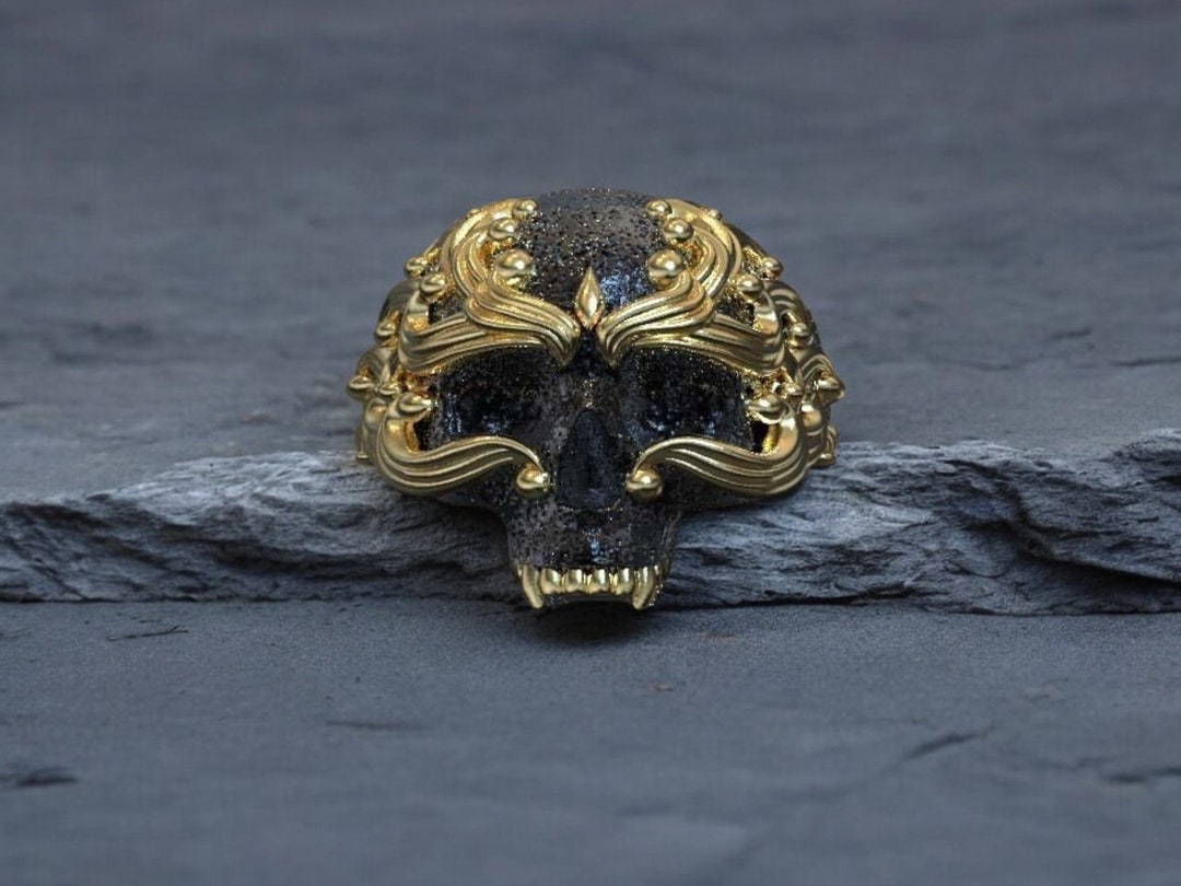 Gold Plated Skull Head Ring, Vintage Style Ring, Large Gothic Ring ...