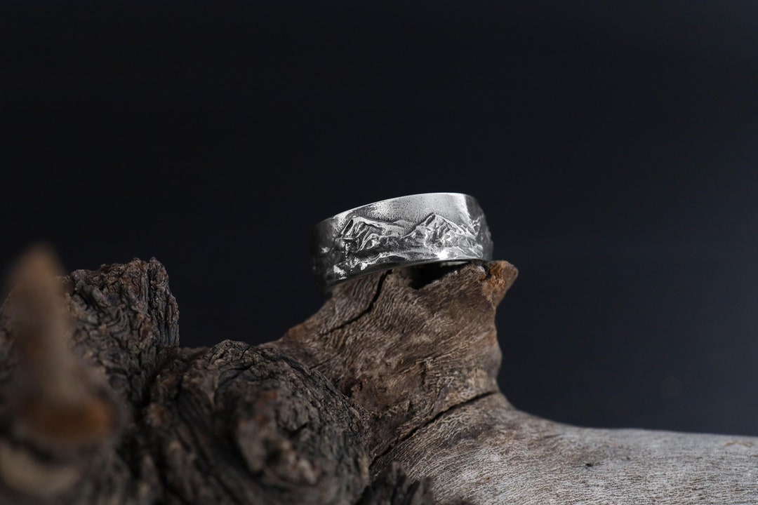 Mountain Range Band Ring: Men Unique Wedding Band, Men Engraved ...