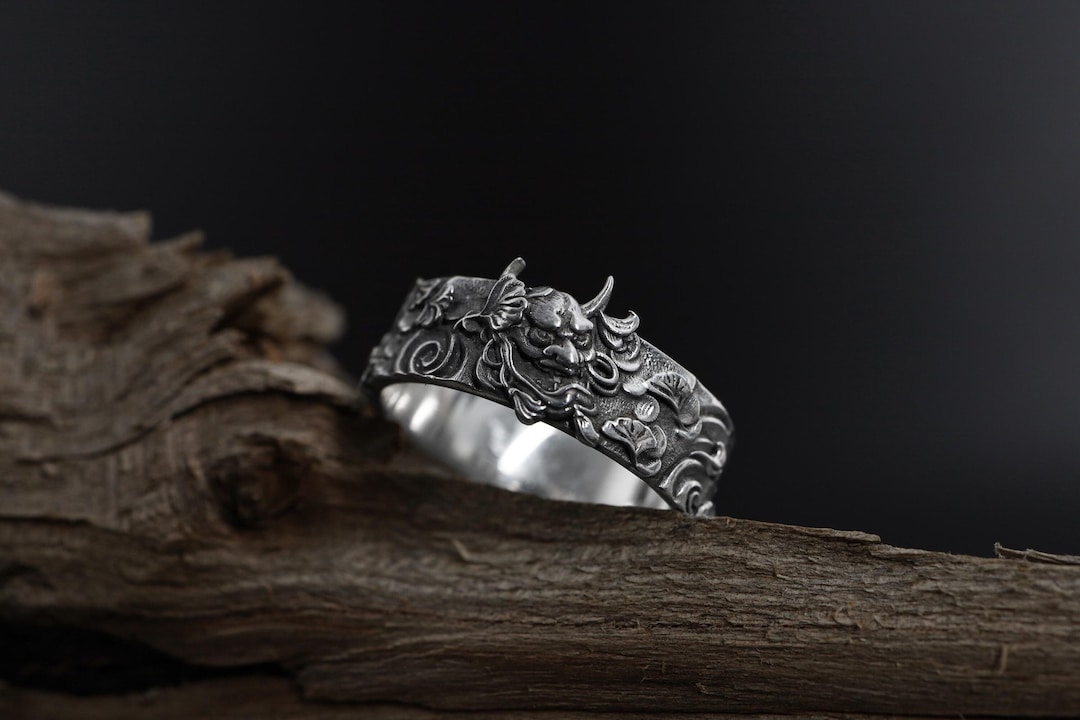 Silver Japanese Hannya Ring, Oni Mask Wide Band Ring, Demon Engraved ...