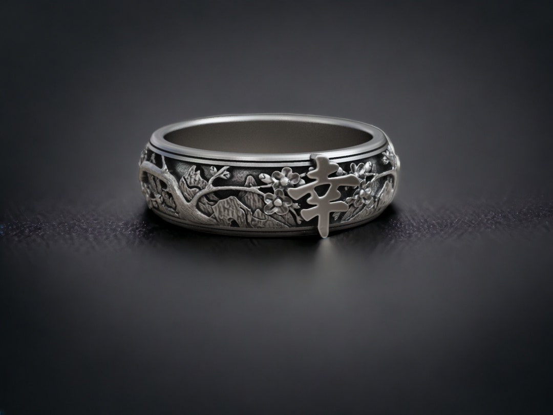 Japanese Hieroglyph Happiness Symbol Ring, Pinky Signet Ring for Men ...