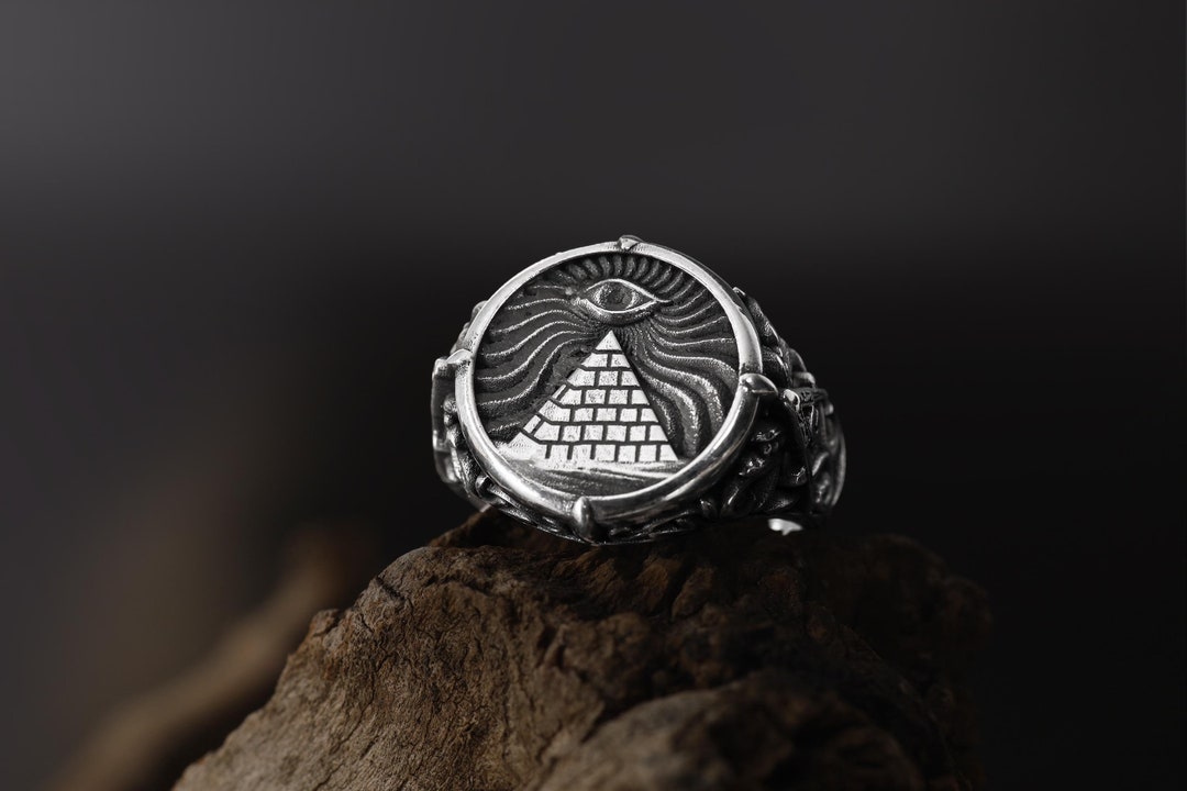 Sterling Silver All Seeing Eye Ring, Masonic Men Ring, Engraved Pyramid ...