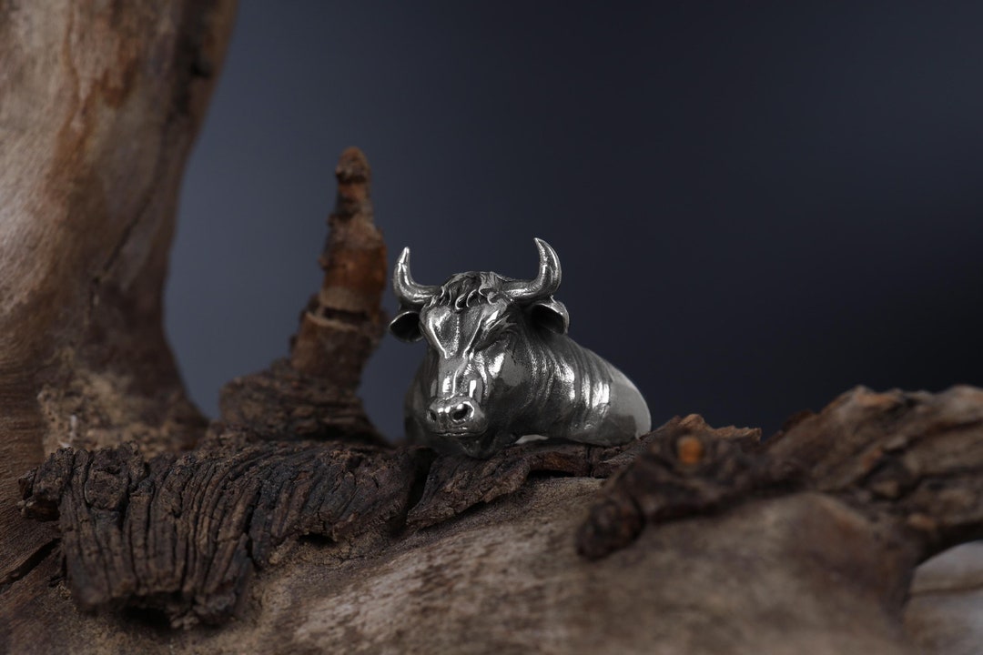 Zodiac Taurus Bull Ring, 3D Bull Head Jewelry, Large Buffalo Ring, Mens ...