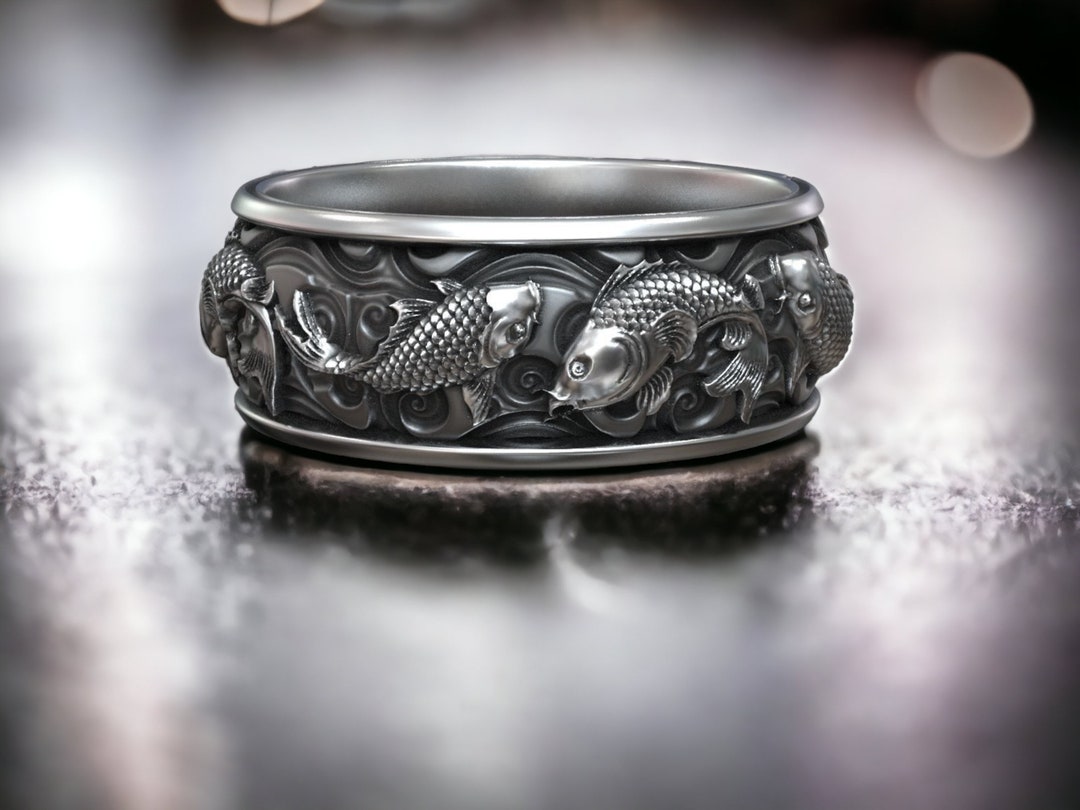 Carp Koi Fish Ring, Gold Plated Ring, Handmade Men's Band Ring, Wedding ...