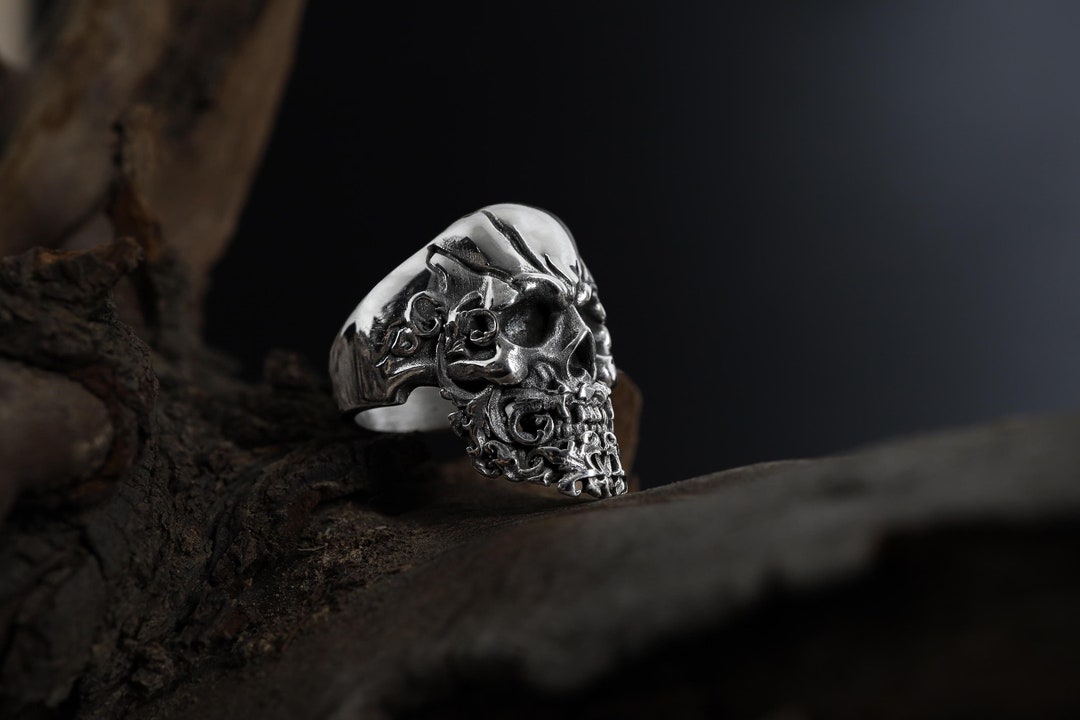 Engraved Skull Head Ring, Baroque Skull Ring, Men Silver Jewelry, Gift ...
