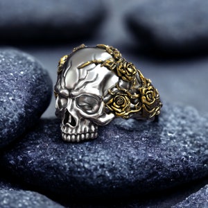 Skull Head With Roses and Thorn Ring, Sterling Silver Gothic Men Ring ...