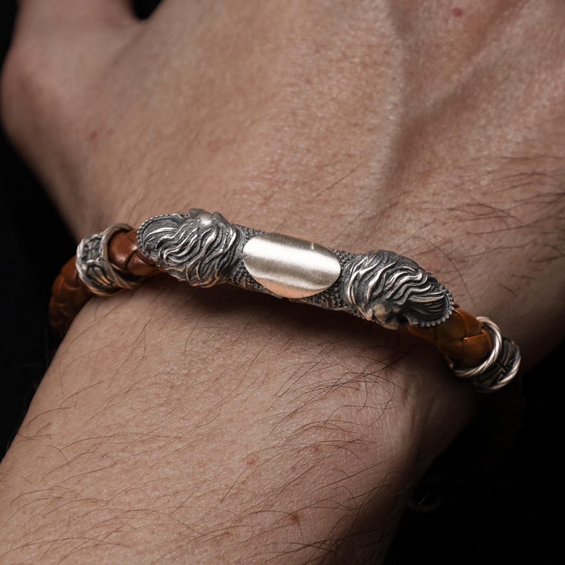 Sterling Silver Lion Head Bracelet: Braided Leather Band, Courage ...