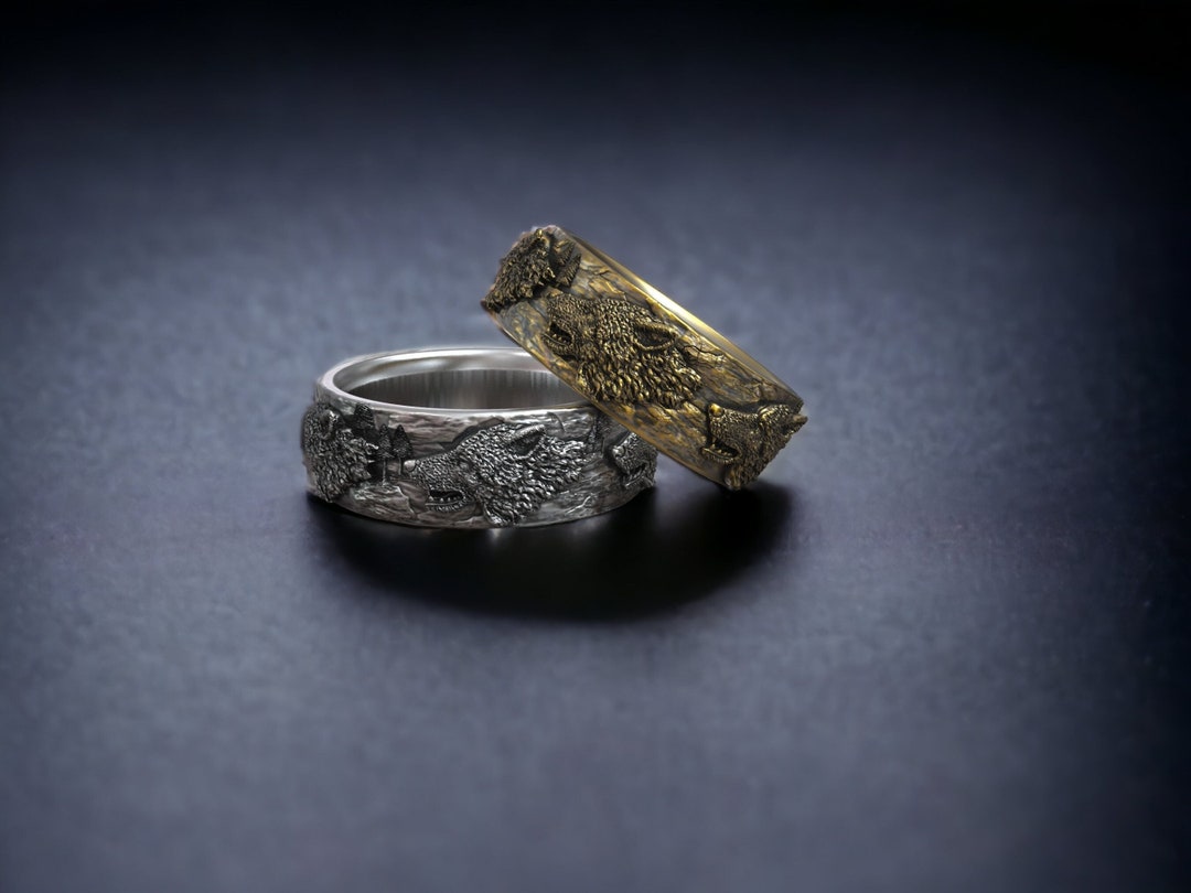 Wolf Silver Band Ring, Textured Band Ring for Men, Animal Jewelry, Cool ...