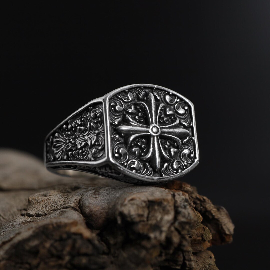 Baroque Cross Signet Ring, Templar Cross Ring, Christian Signet Ring ...
