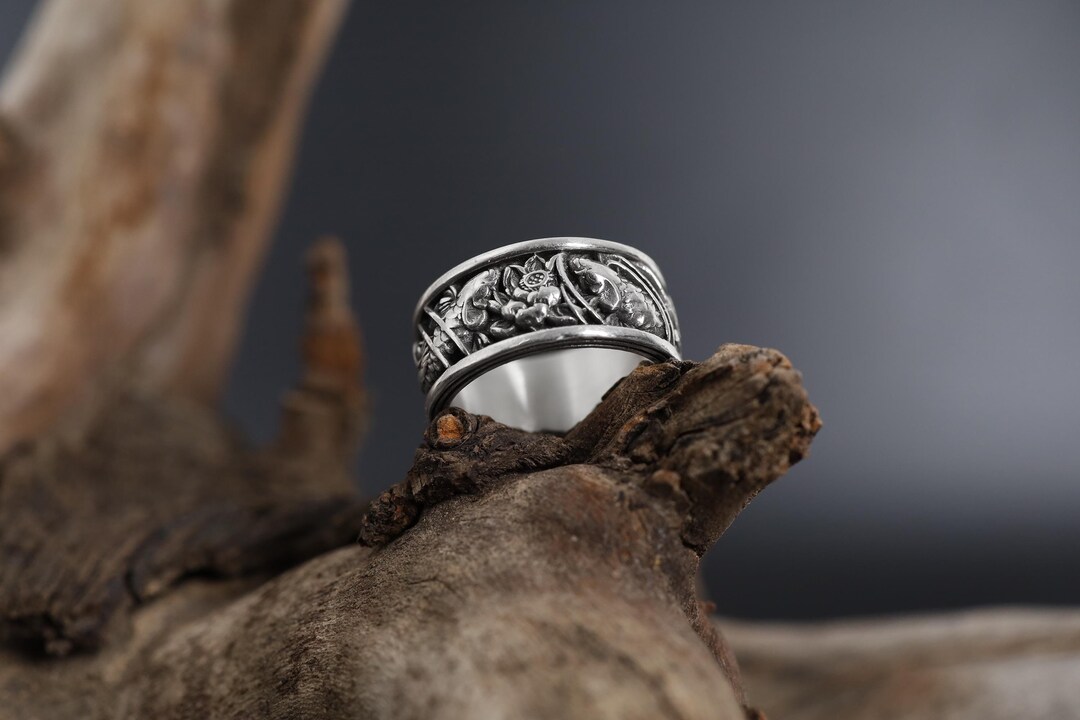 Silver Floral Carp Koi Fish Band Ring, Unique Wedding Band, Japanese ...