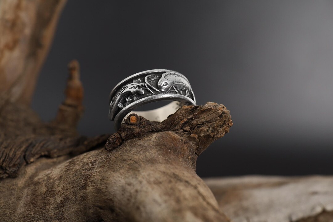 Dragon Vs Koi Carp Fish Ring, Wide Band Japanese Ring, Rotating Koi ...