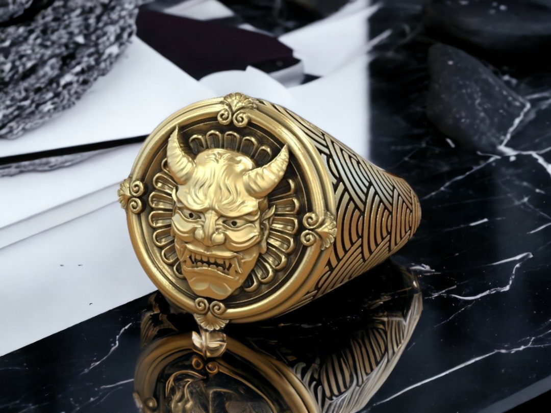 Japanese Hannya Mask Ring, Men Signet Ring, Skull Demon Ring for ...