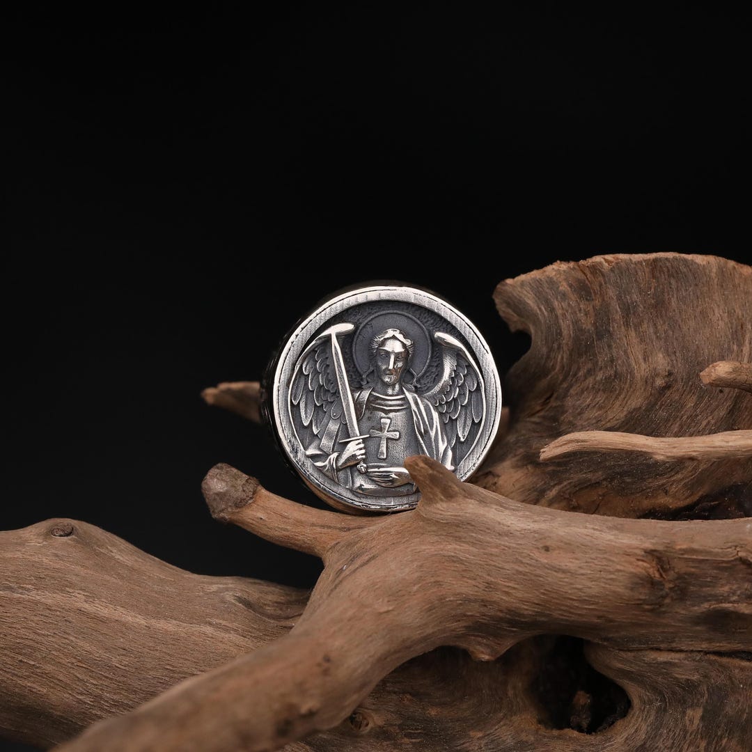 St. Michael Archangel Silver Ring for Men: Warrior Angel Sword Signet ...