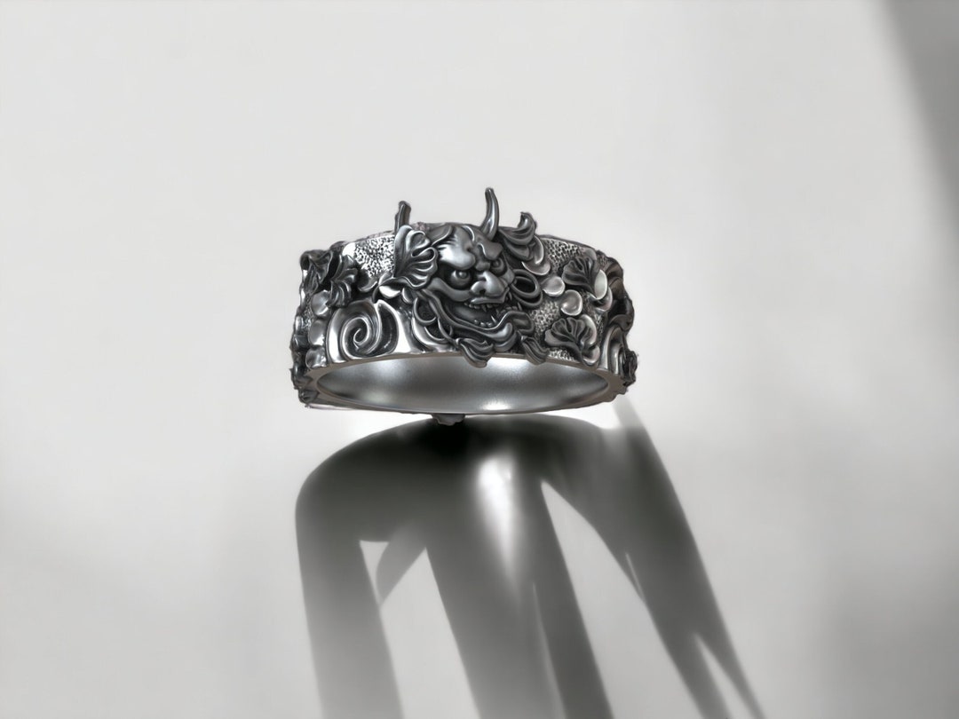 925K Silver Silver Japanese Hannya Ring, Oni Mask Wide Band Ring ...