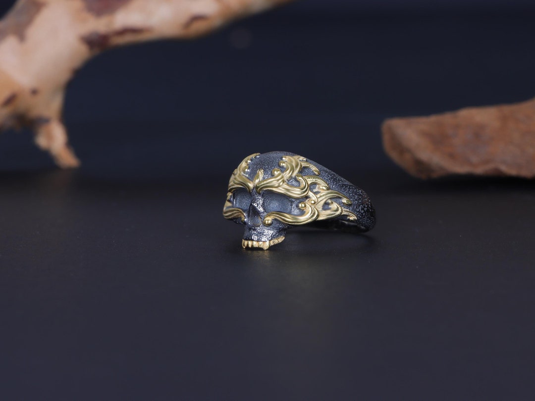 Gold Plated Skull Head Ring, Vintage Style Ring, Large Gothic Ring ...