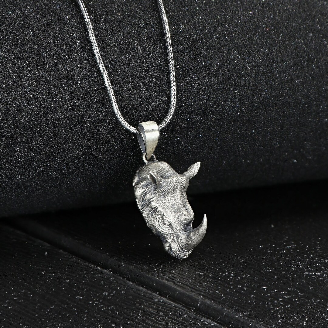 Rhinoceros Sterling Silver Necklace, Rhino Head Necklace, Wild African ...