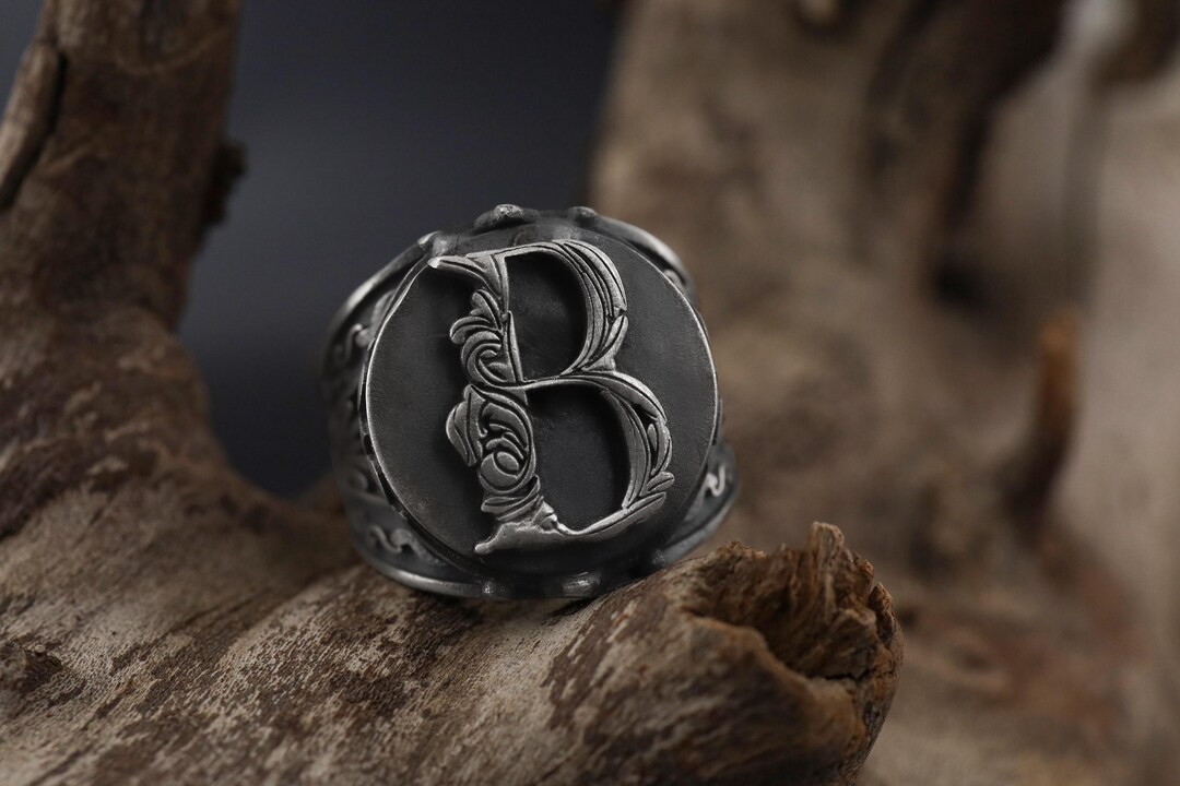 Silver Initial Floral Ring, Personalized Letter Ring for Him, Alphabet ...