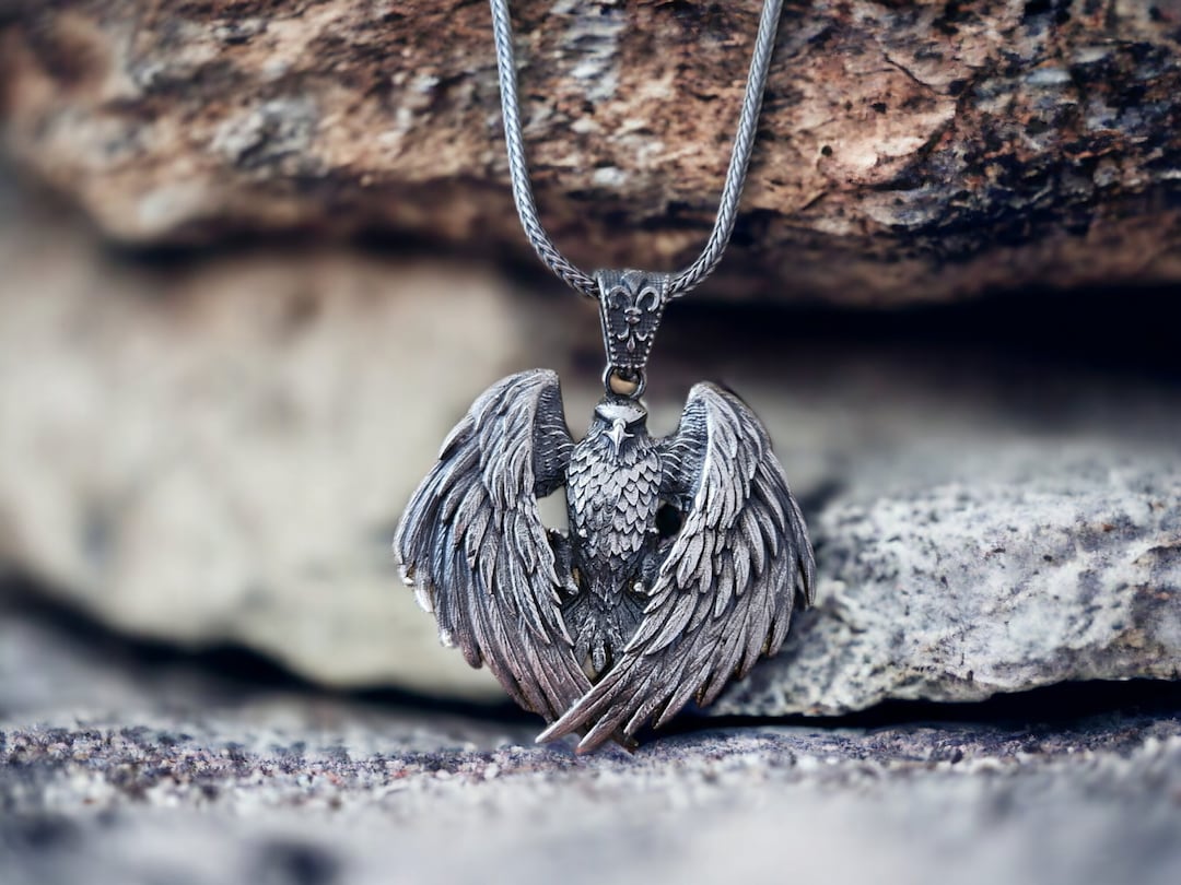 Sterling Silver Large Eagle Necklace, Eagle Attack Wings Necklace, 3D ...