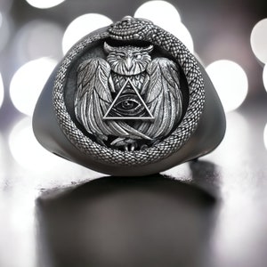 Silver Snake Ouroboros Ring, Owl With Eye of Providence Ring, Masonic ...
