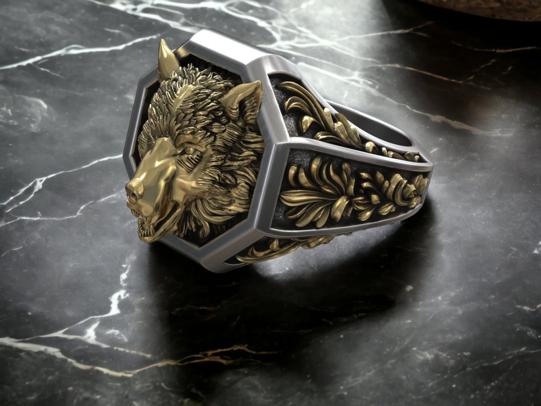 Wolf Head Signet Ring, Men Animal Head Ring, Sterling Silver Wolf Ring ...