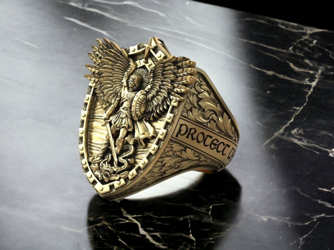Gold Plated Saint Michael Archangel Ring, Men Christian Ring, Religious ...