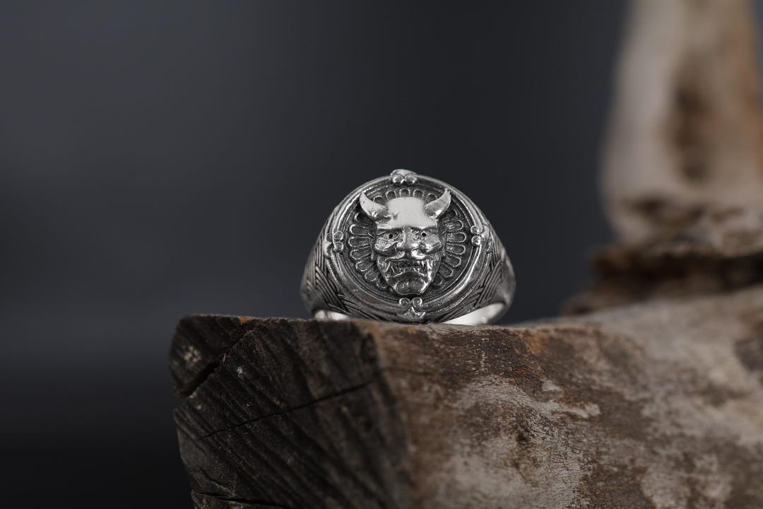 Japanese Hannya Mask Ring, Men Signet Ring, Skull Demon Ring for ...