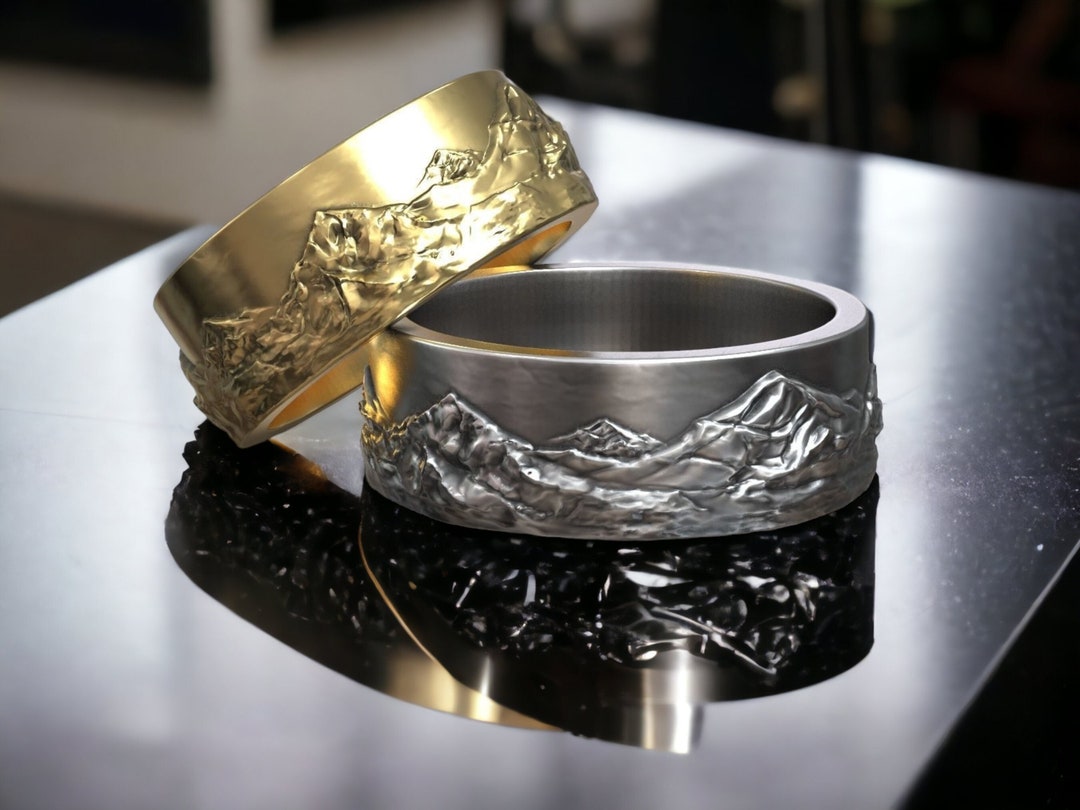 Mountain Range Band Ring, Men Unique Wedding Band, Men Engraved ...