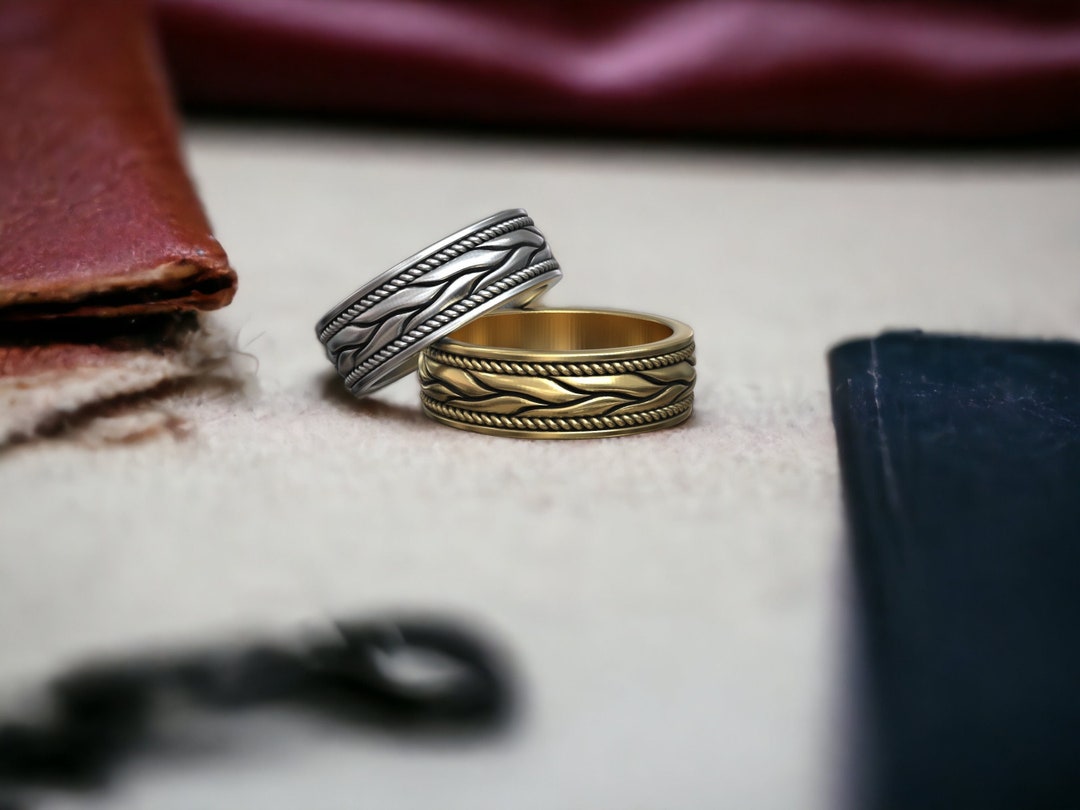Wheat Patterned Band Ring Set, Men Wedding Band, Engraved Wide Band ...