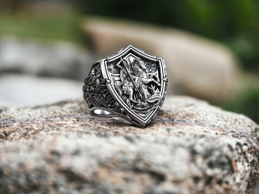 Silver Saint George Victorious and Dragon Ring: Shield Cross Pattern ...