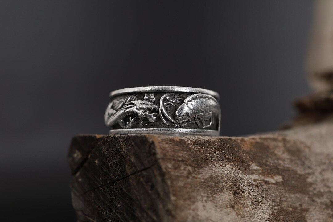 Carp Koi Fish and Dragon Ring: 925K Sterling Silver Handmade Men's ...