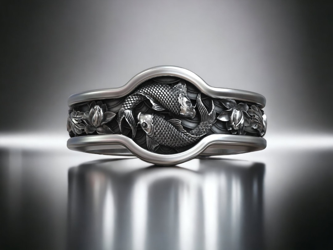 Yin Yang Carp Koi Fish Ring, Japanese Ornament Ring, Carp and Waves ...
