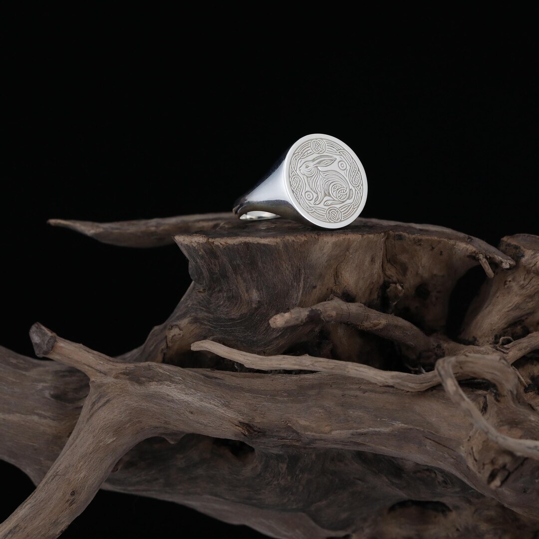 Rabbit Signet Men Ring: 925K Silver Bunny Pinky Ring, Dainty Spirit ...