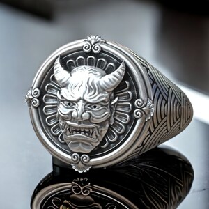 Japanese Hannya Mask Ring, Men Signet Ring, Skull Demon Ring for ...