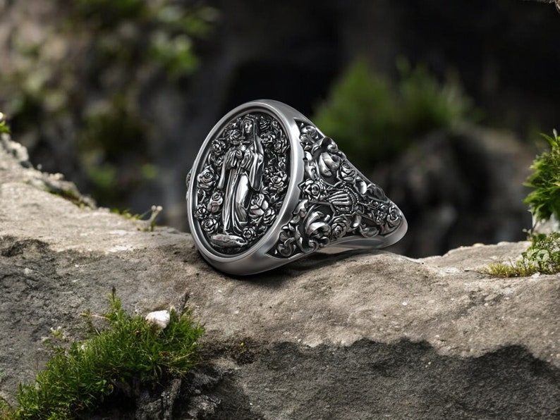 Saint Rose of Lima Ring, Engraved Roses Religious Ring, Christian Thumb ...