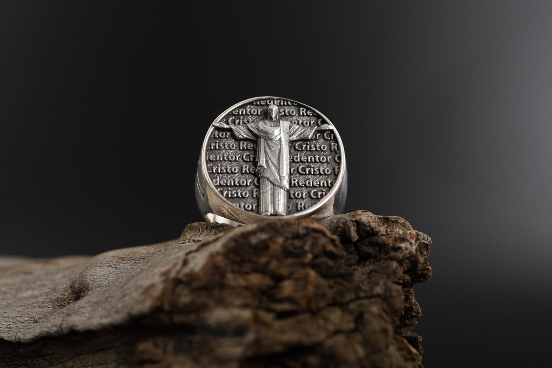 Cristo Redentor Silver Men Ring, Signet Christian Ring, Religious ...
