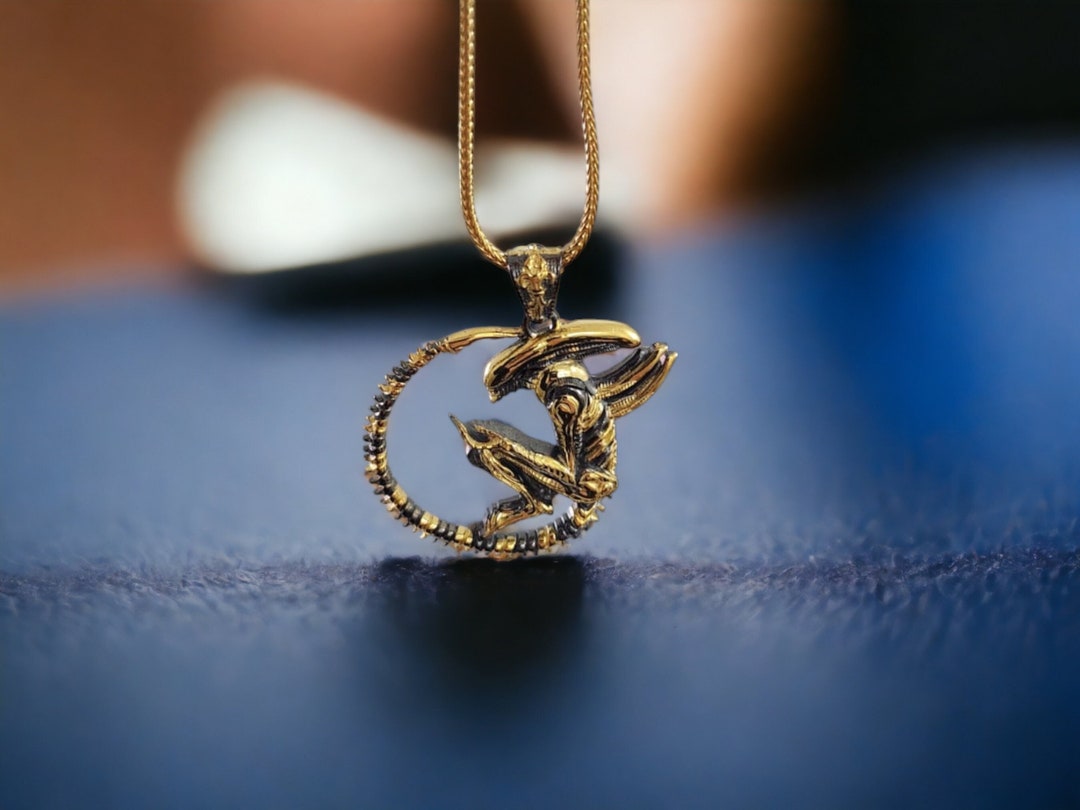 Gold Plated Sitting Alien Necklace, Chestburster Necklace, Gothic ...